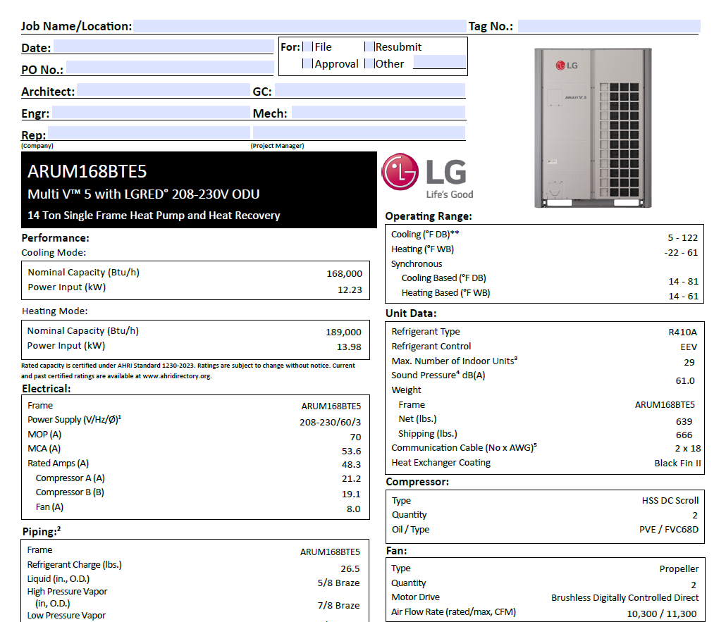 ARUM168BTE5 - LG Condenser- 14 Ton - Single Frame - Heat Recovery -Hea ...
